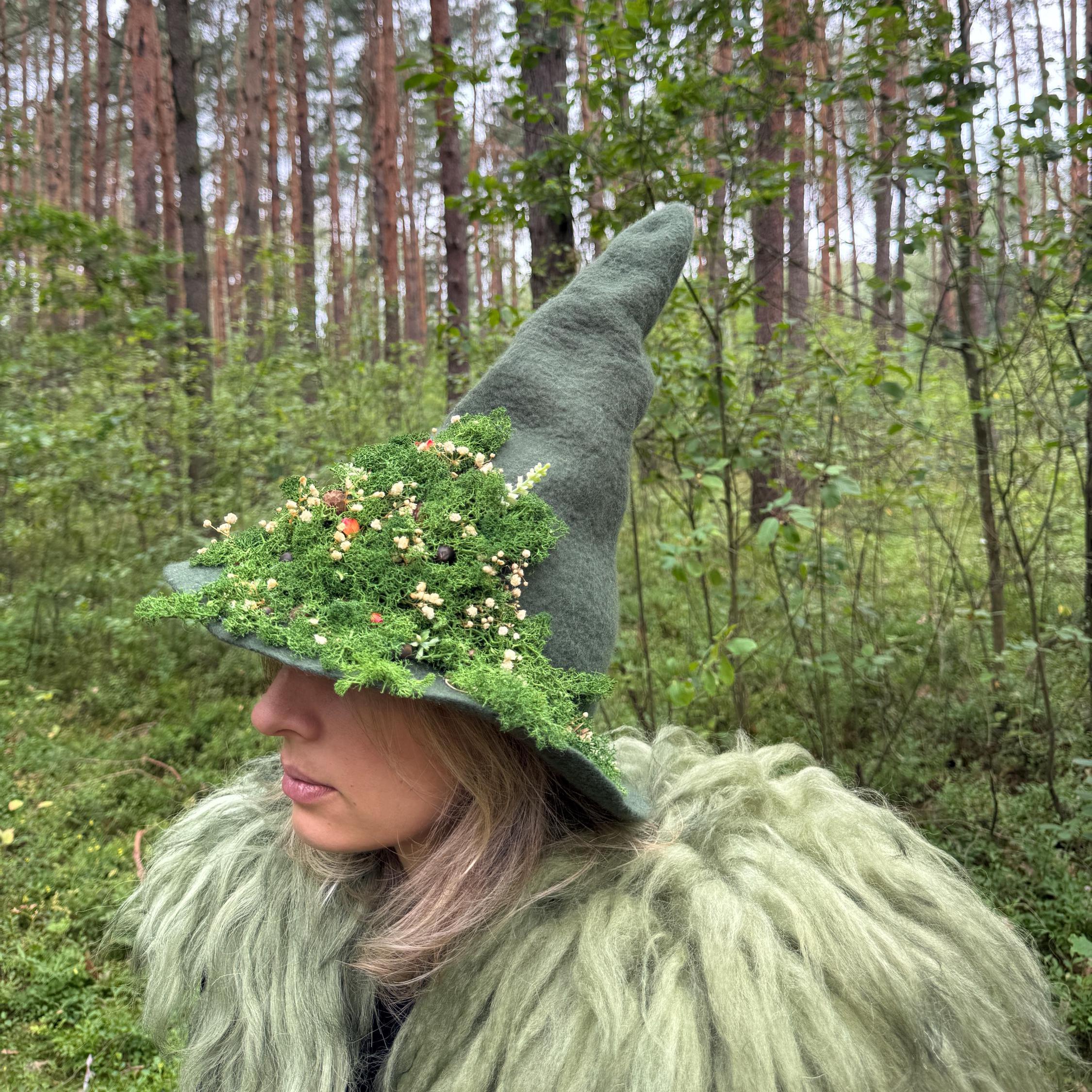 Green Forest Witch Hat – Druid Costume With Moss – Handmade Fantasy ...