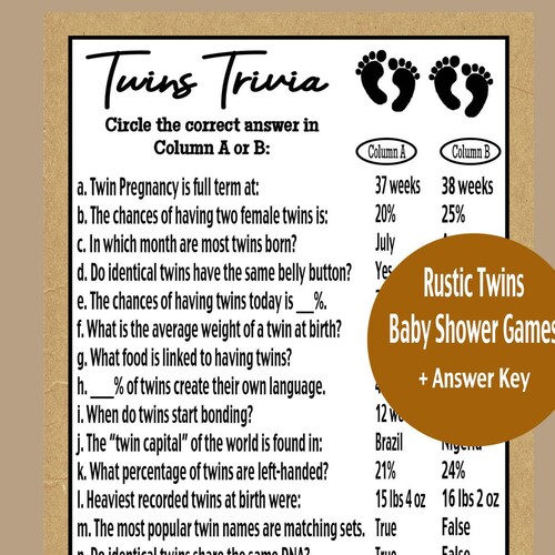Twins Trivia Birthday Game Printable Baby Shower Game Kids - Etsy