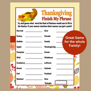 Thanksgiving Games, Finish My Phrase Game, Thanksgiving Trivia, Adult ...
