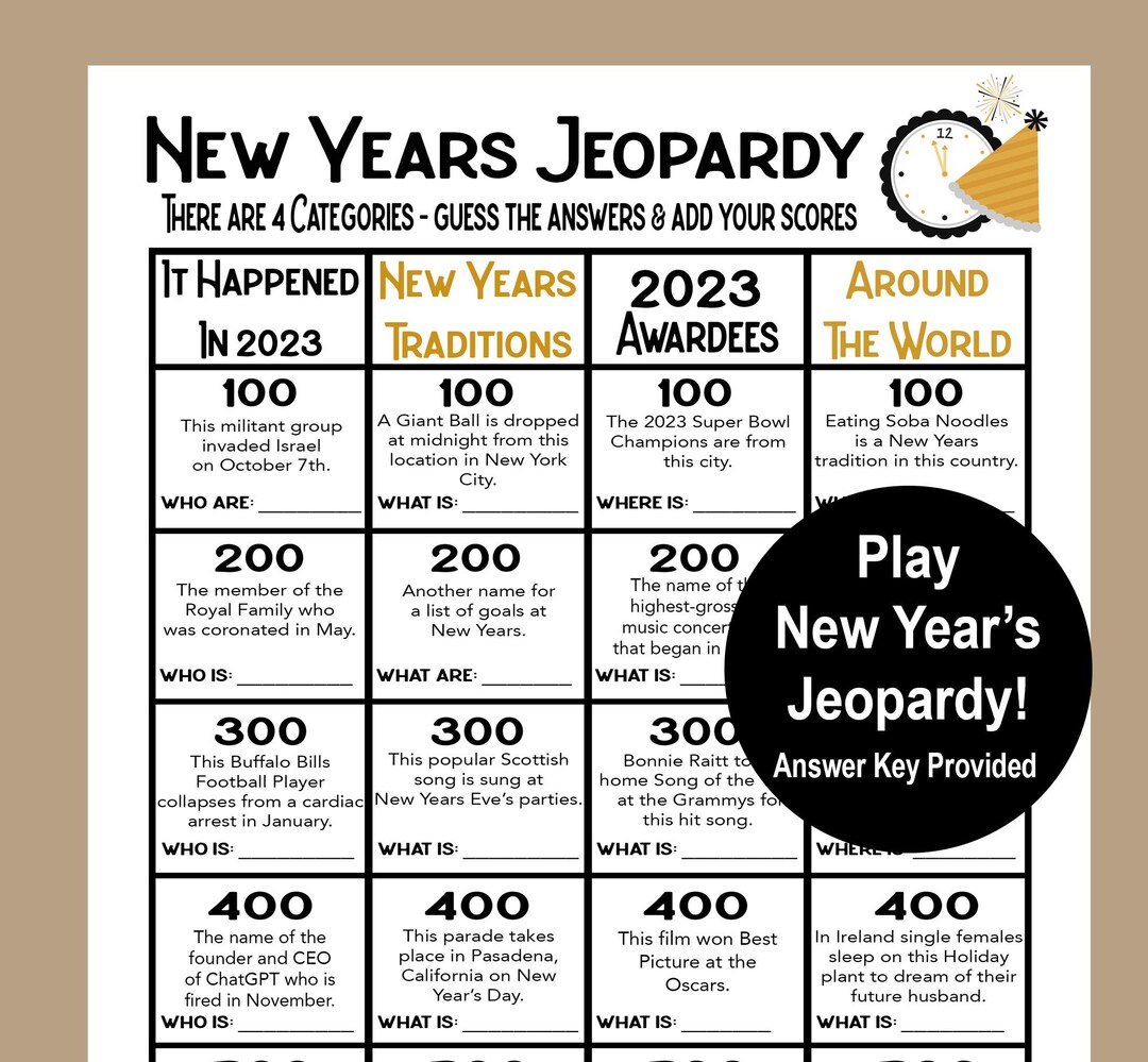 New Years Jeopardy Game, New Years Trivia Game, New Years Party Game ...