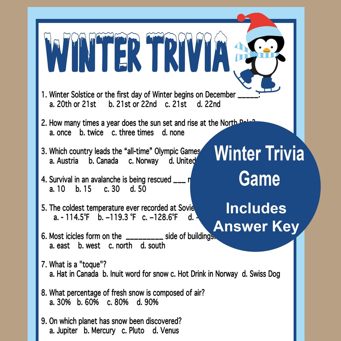 Winter Trivia Game Printable Winter Game Fun Winter Games - Etsy