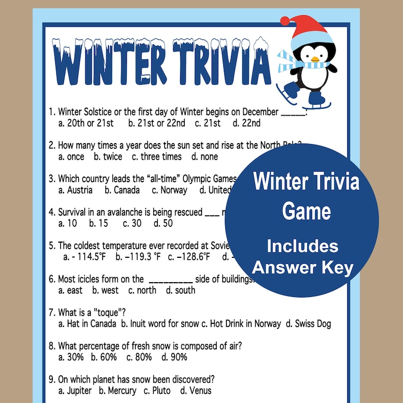 Winter Trivia Game Printable Winter Game Fun Winter Games - Etsy