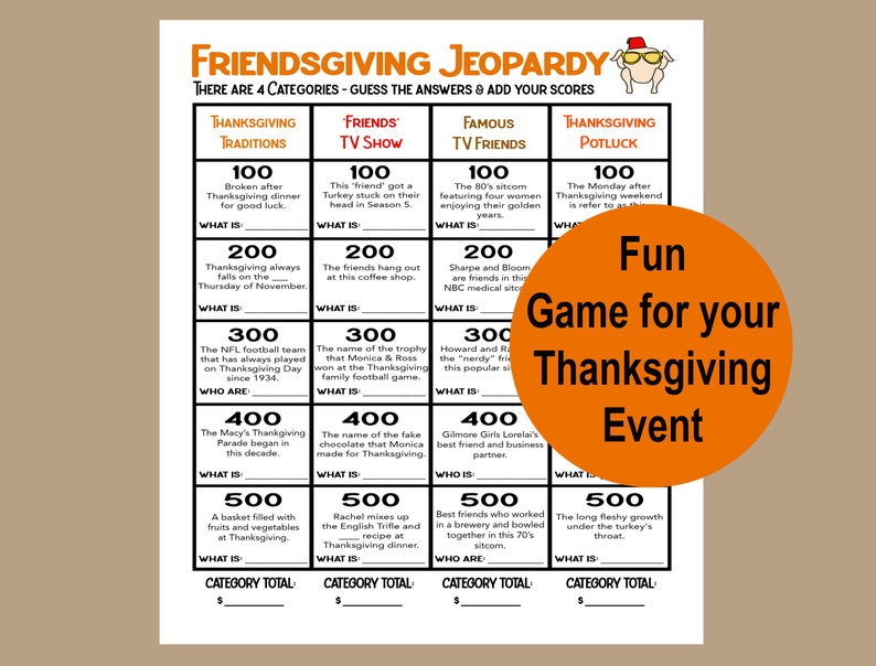 Friendsgiving Trivia Game, Friendsgiving Jeopardy Game, Friendsgiving ...