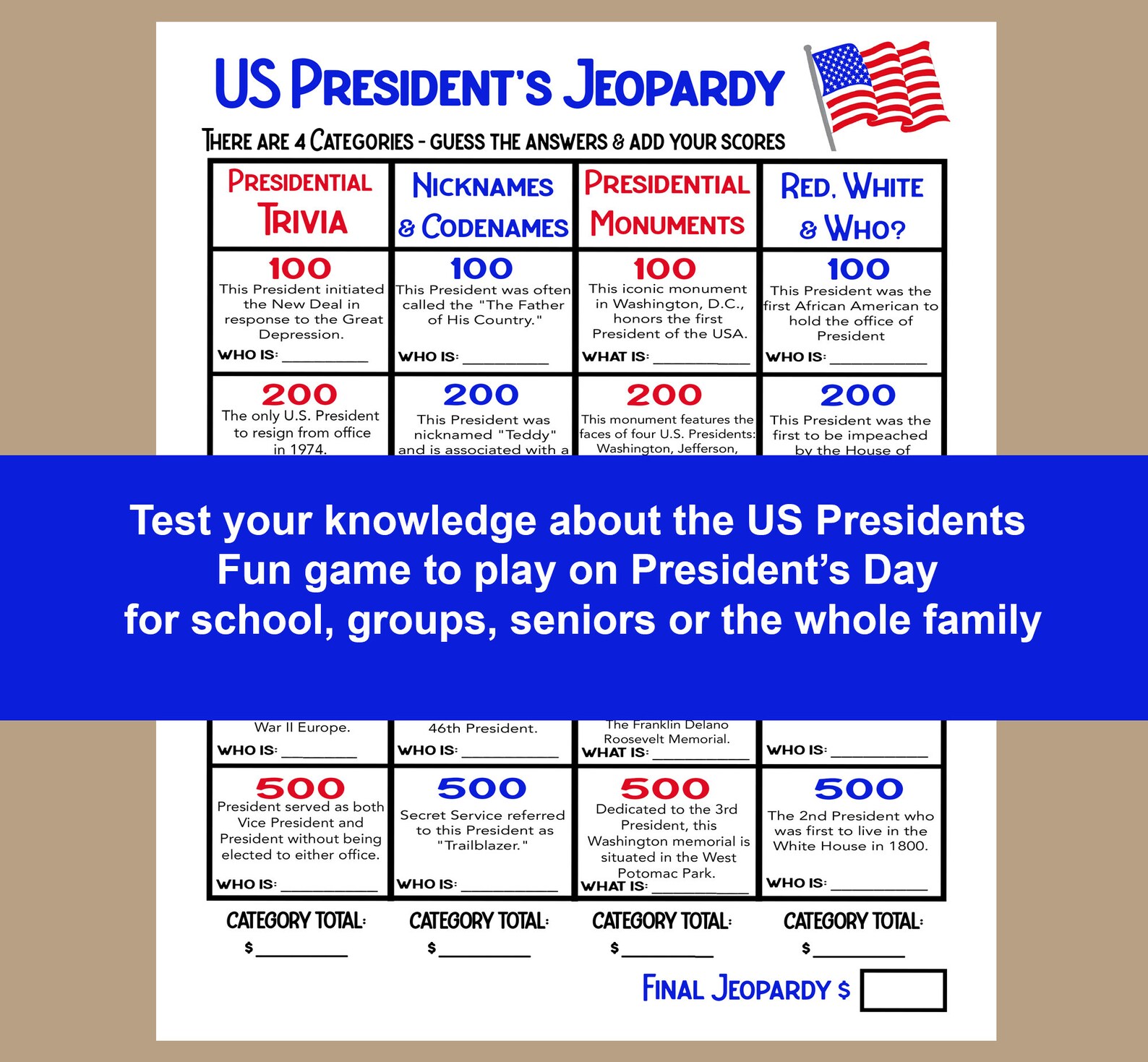 Presidents Day Trivia Game, Presidents Day Jeopardy Game for Seniors ...