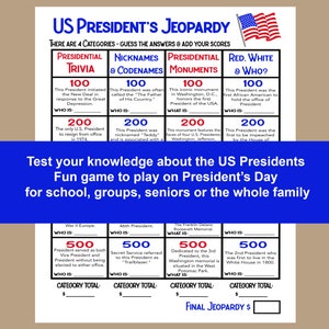 Presidents Day Trivia Game, Presidents Day Jeopardy Game for Seniors ...