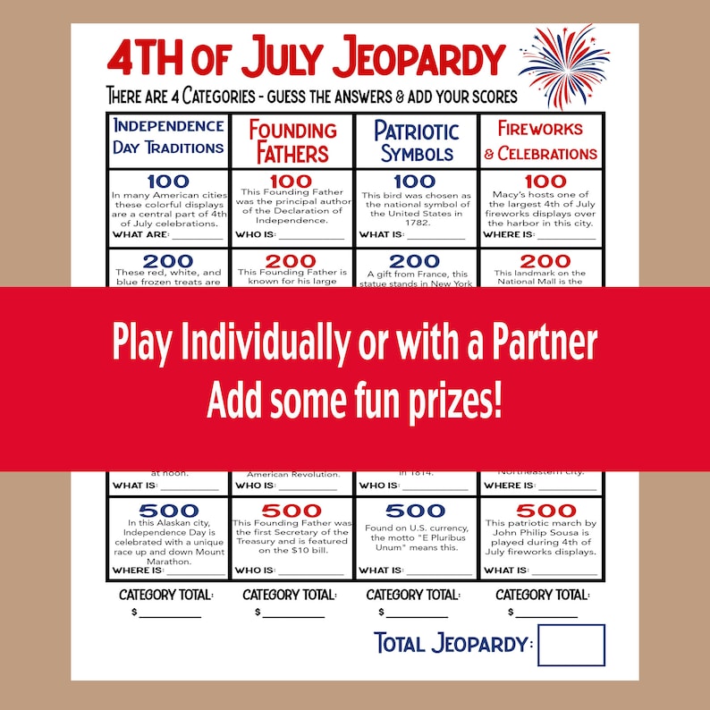 4th of July Jeopardy Game, 4th of July Trivia Game for Seniors, School ...