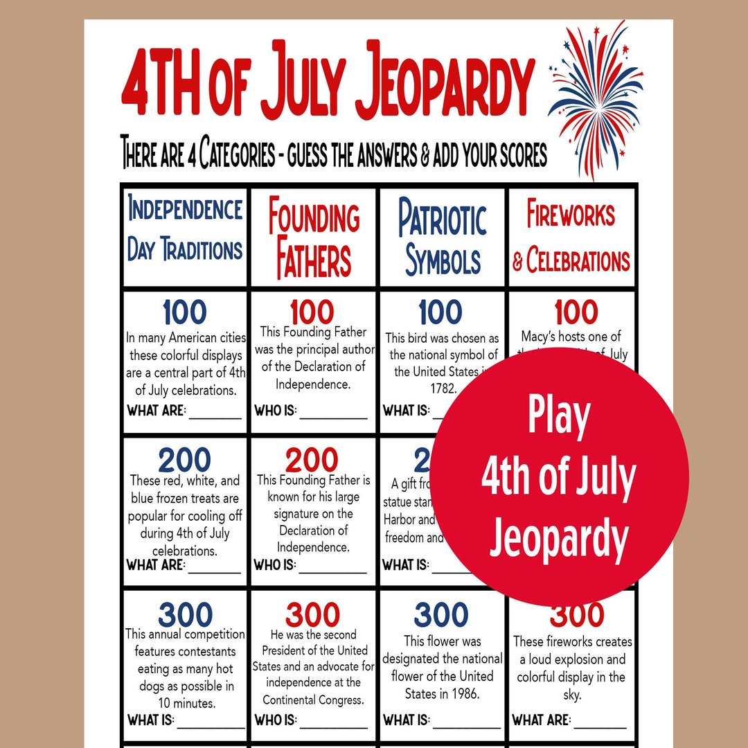 4th of July Jeopardy Game, 4th of July Trivia Game for Seniors, School ...