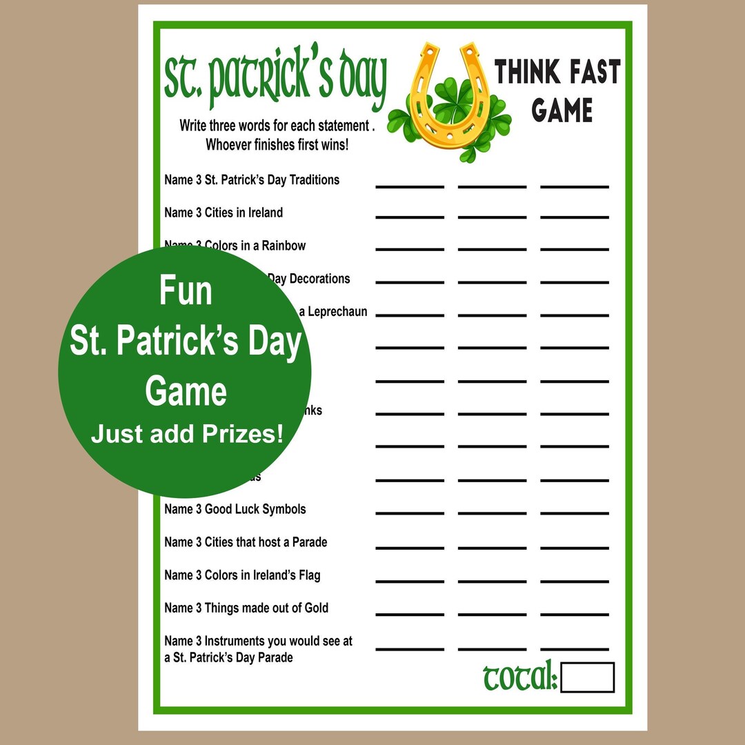 St Patricks Day Trivia Game, Think Fast Game, St Patricks Day Printable ...