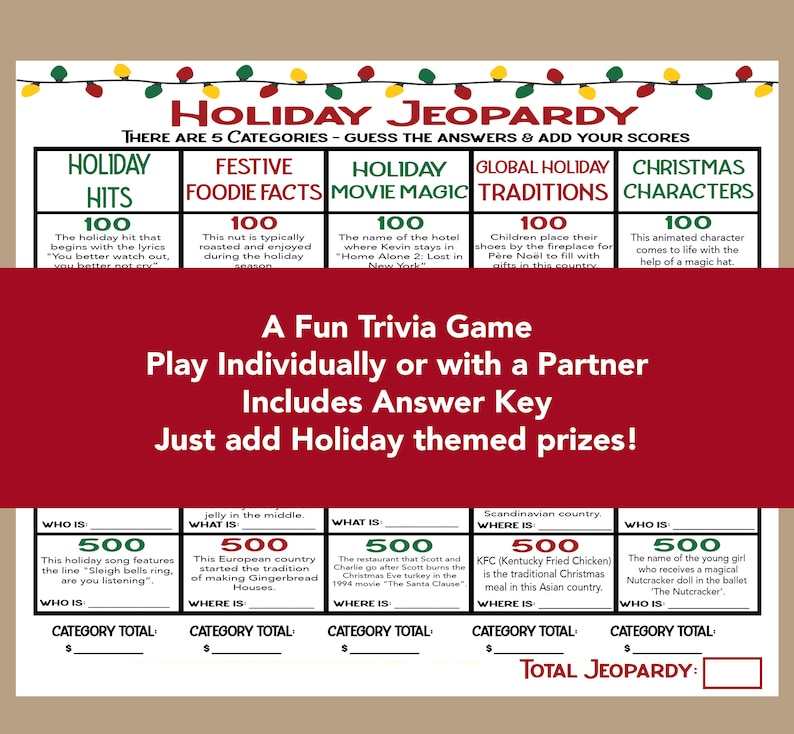 Holiday Trivia Game, Christmas Jeopardy, Holiday Jeopardy Trivia Game ...