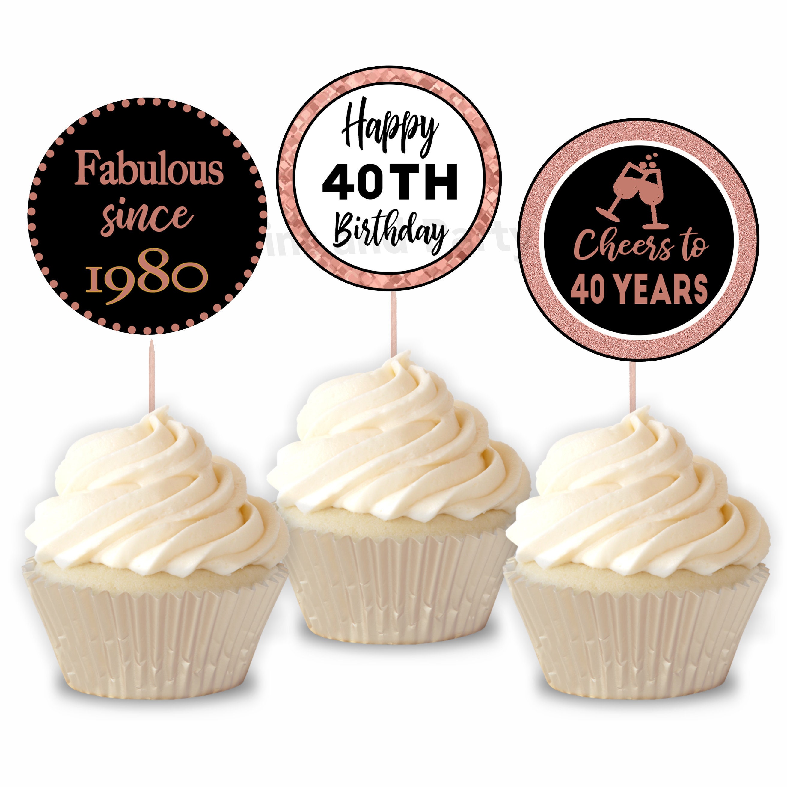 40th Birthday Cupcake Toppers Rose Gold 40th Birthday Cupcake Etsy