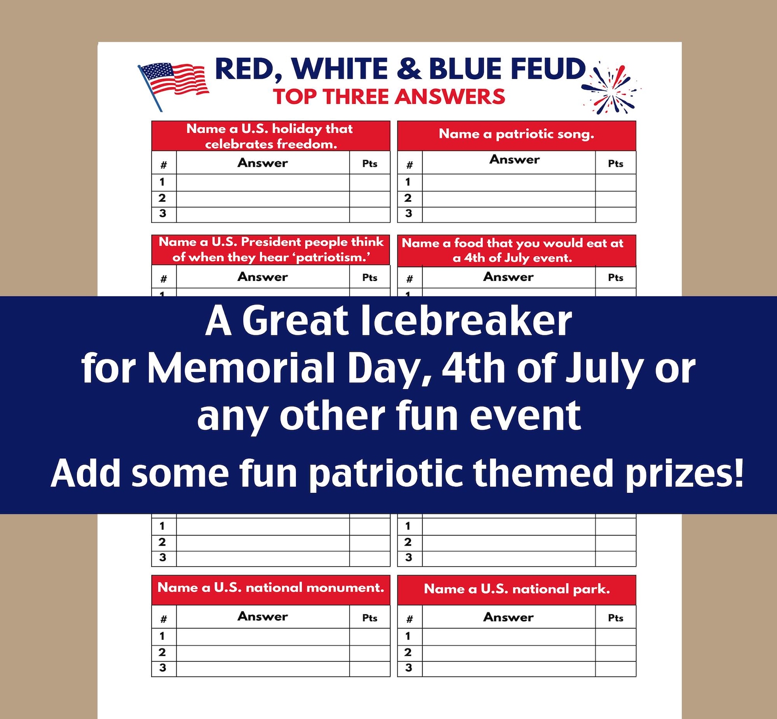Red, White & Blue Feud Trivia Game, Patriotic Party Fun, 4th of July ...