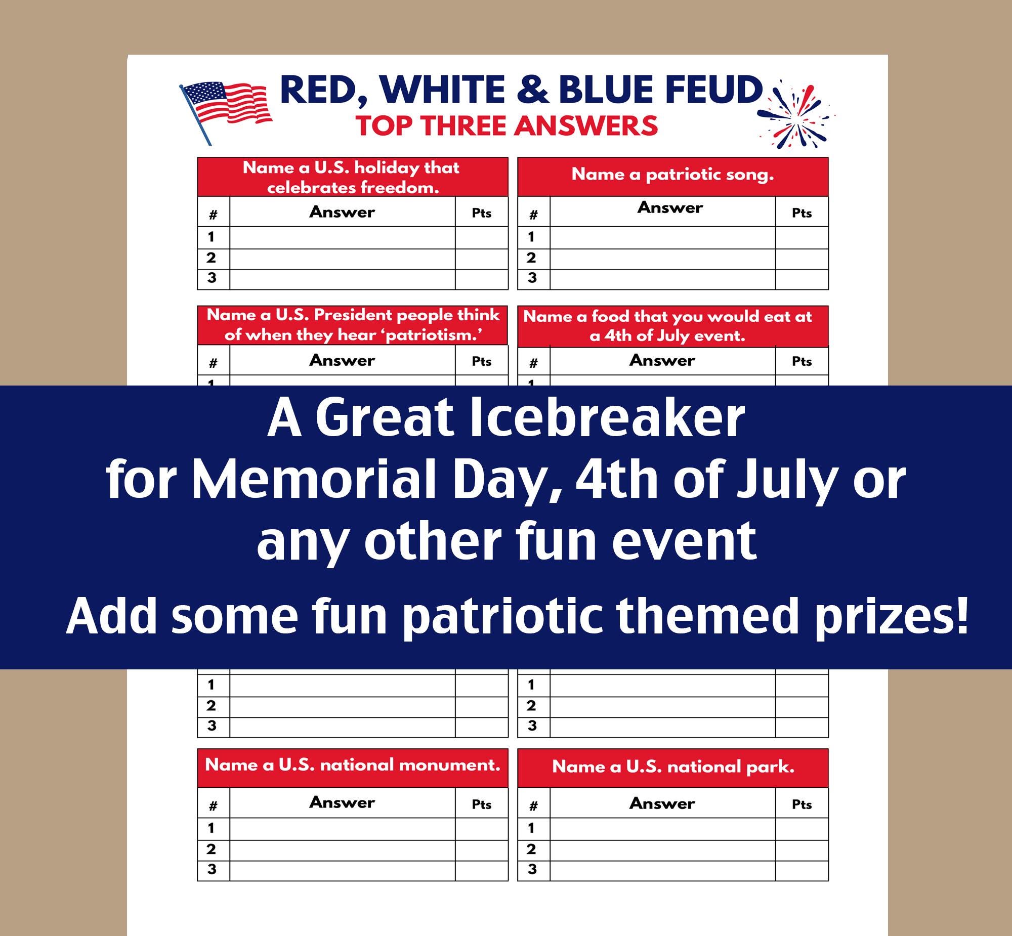 Red, White & Blue Feud Trivia Game, Patriotic Party Fun, 4th of July ...