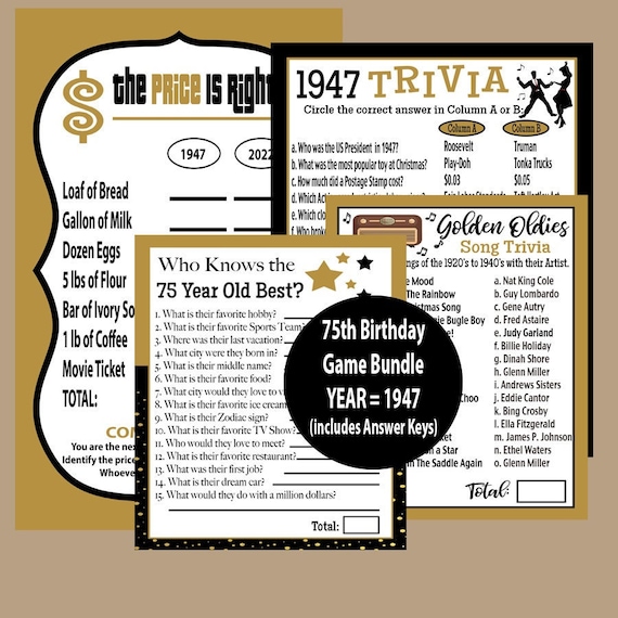 75th Birthday Games Black and Gold Games 1947 Trivia Game | Etsy
