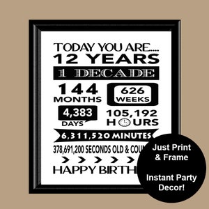 12th Birthday Signs, 12 Birthday Party Decorations, 12th Birthday ...