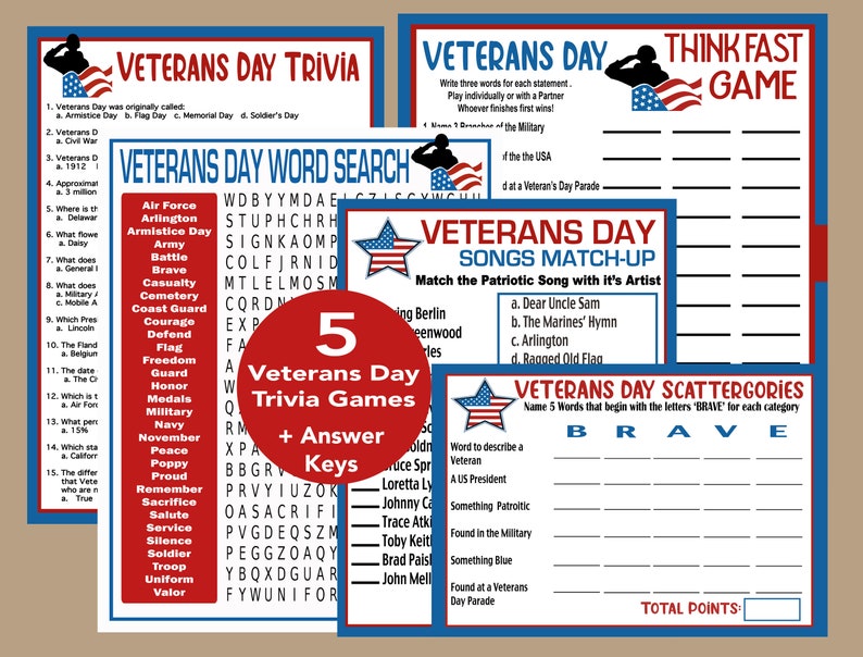 Veterans Day Games, Veterans Day Trivia, Patriotic Games, American ...