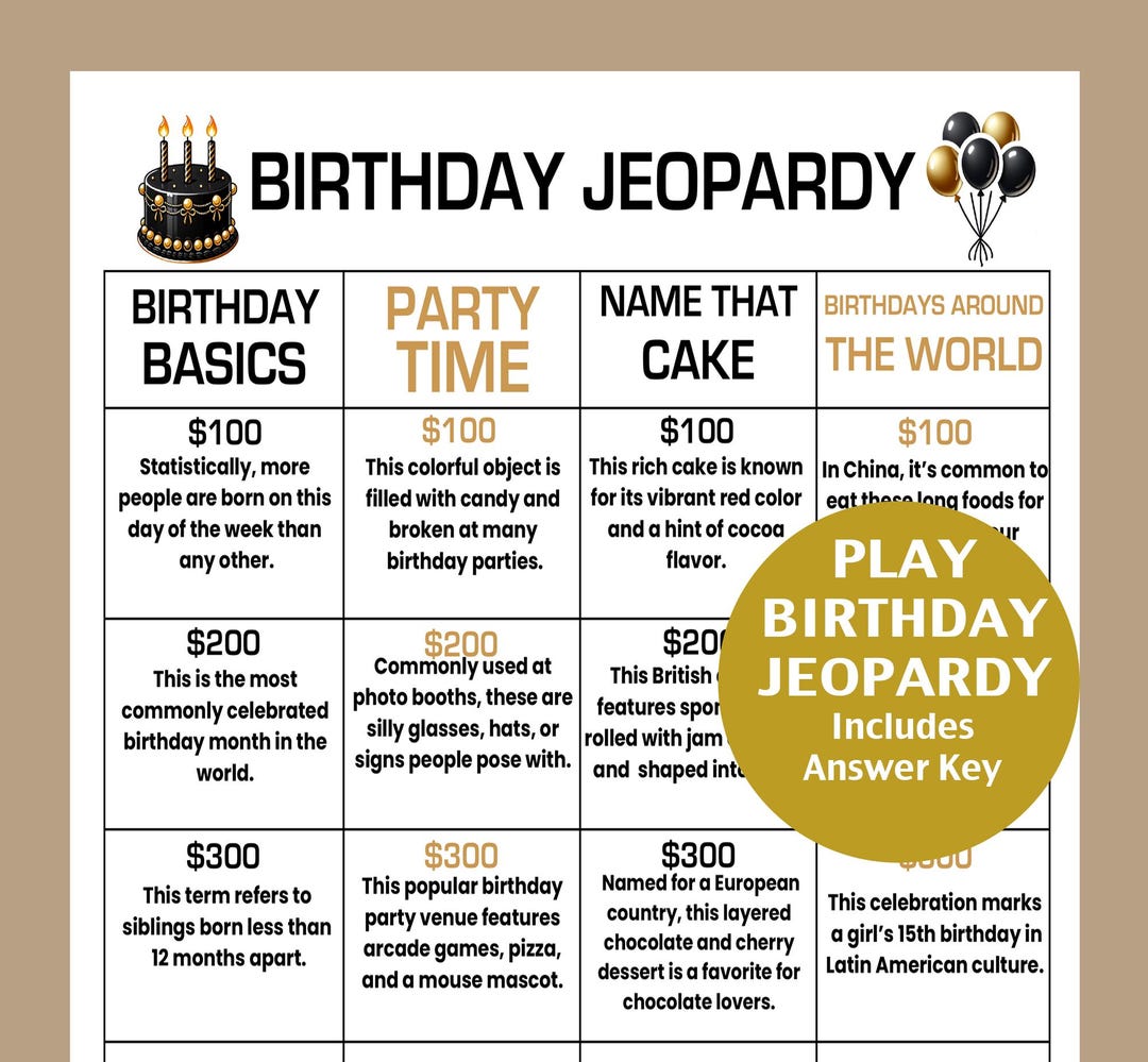 Birthday Jeopardy Game, Birthday Trivia Game, Birthday Quiz Game ...