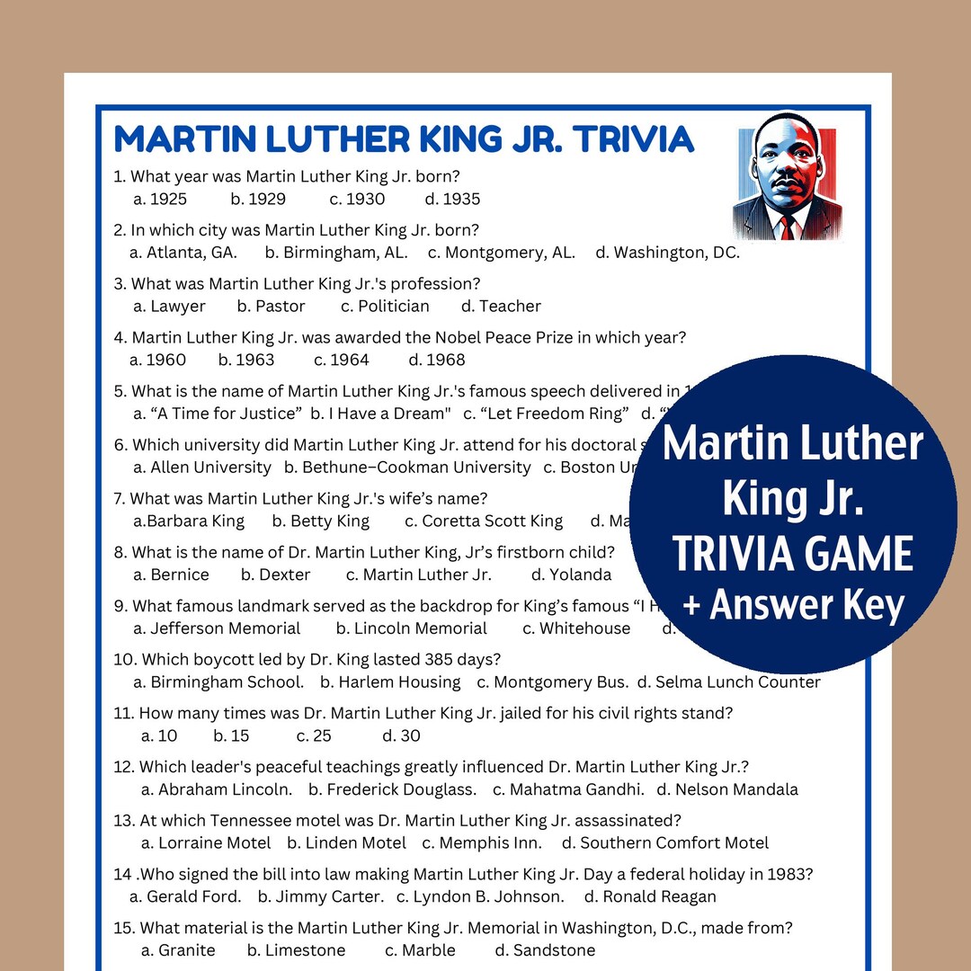 Martin Luther King Jr. Trivia Game, Fun Printable for MLK Day & Black ...