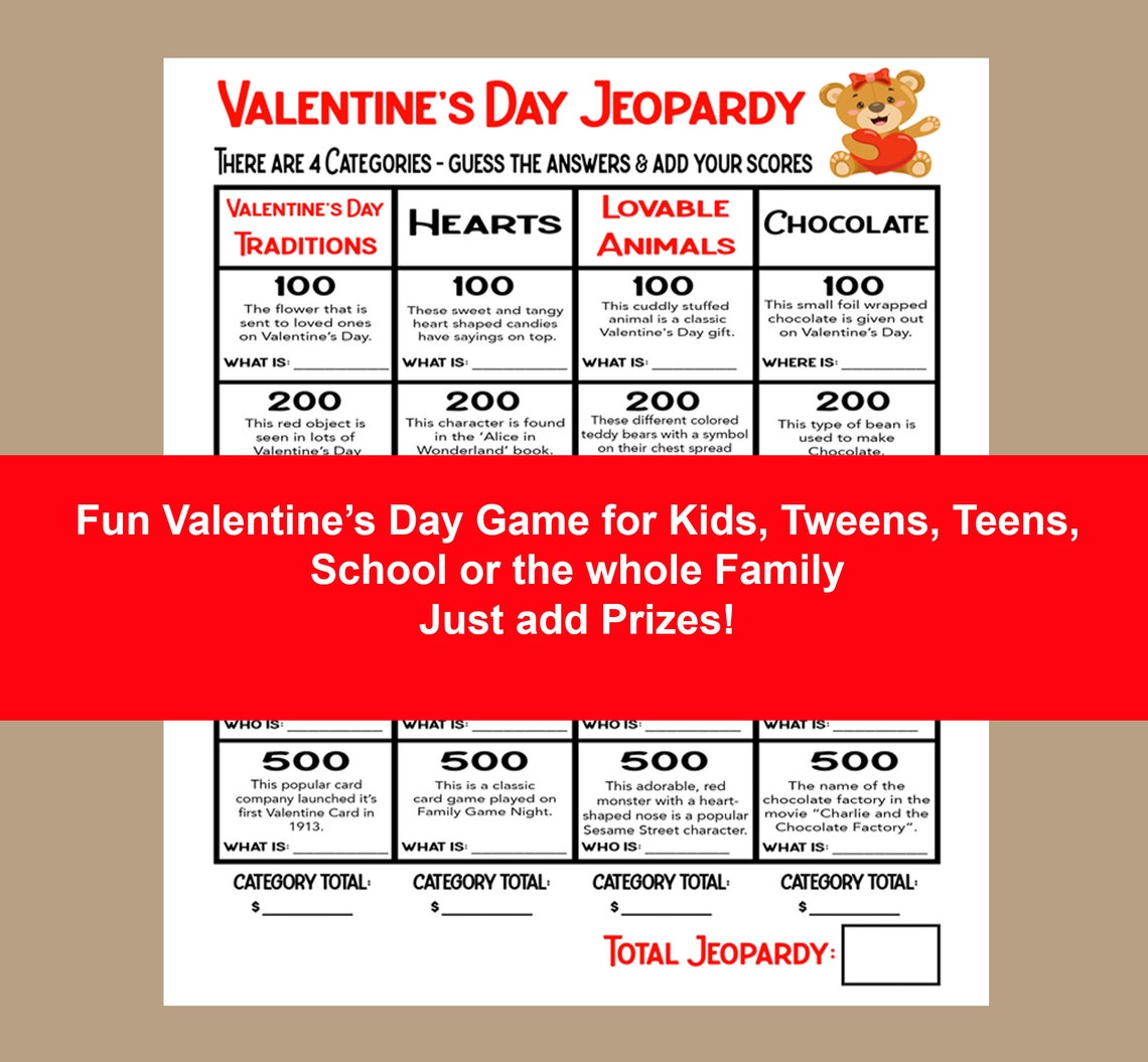 Valentine's Day Jeopardy Game for Kids, Tweens, Teens, Valentine's Day ...