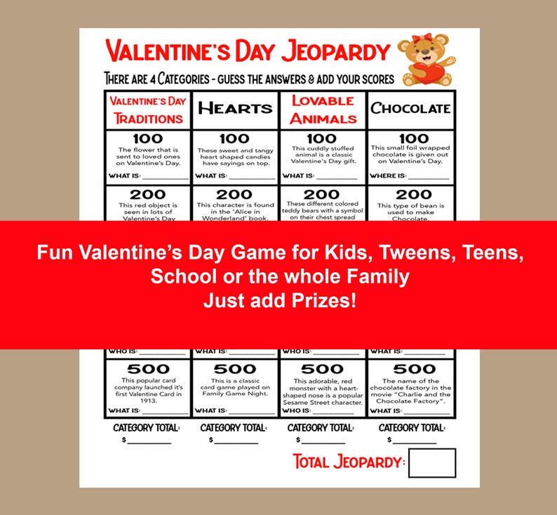 Valentine's Day Jeopardy Game for Kids, Tweens, Teens, Valentine's Day ...