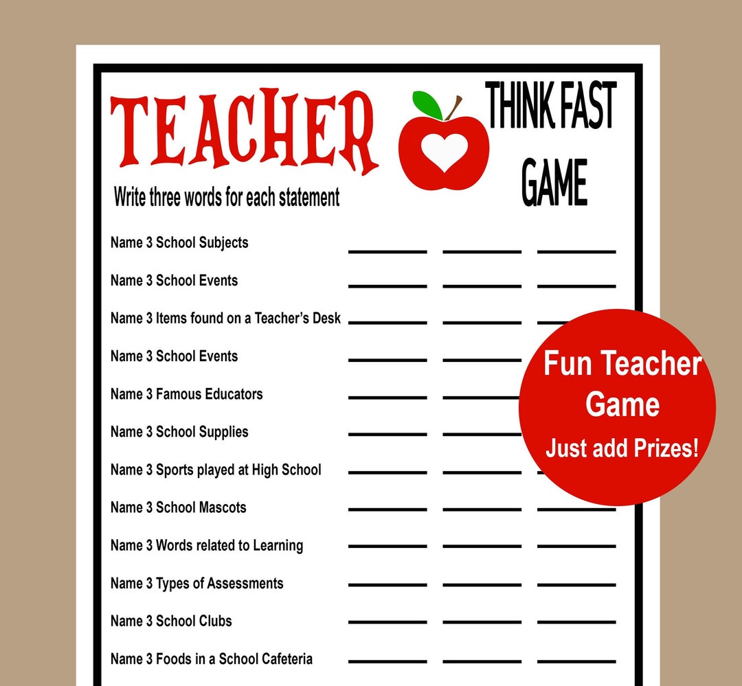 Teacher Appreciation Trivia Game, Think Fast Game, Teacher Printable ...