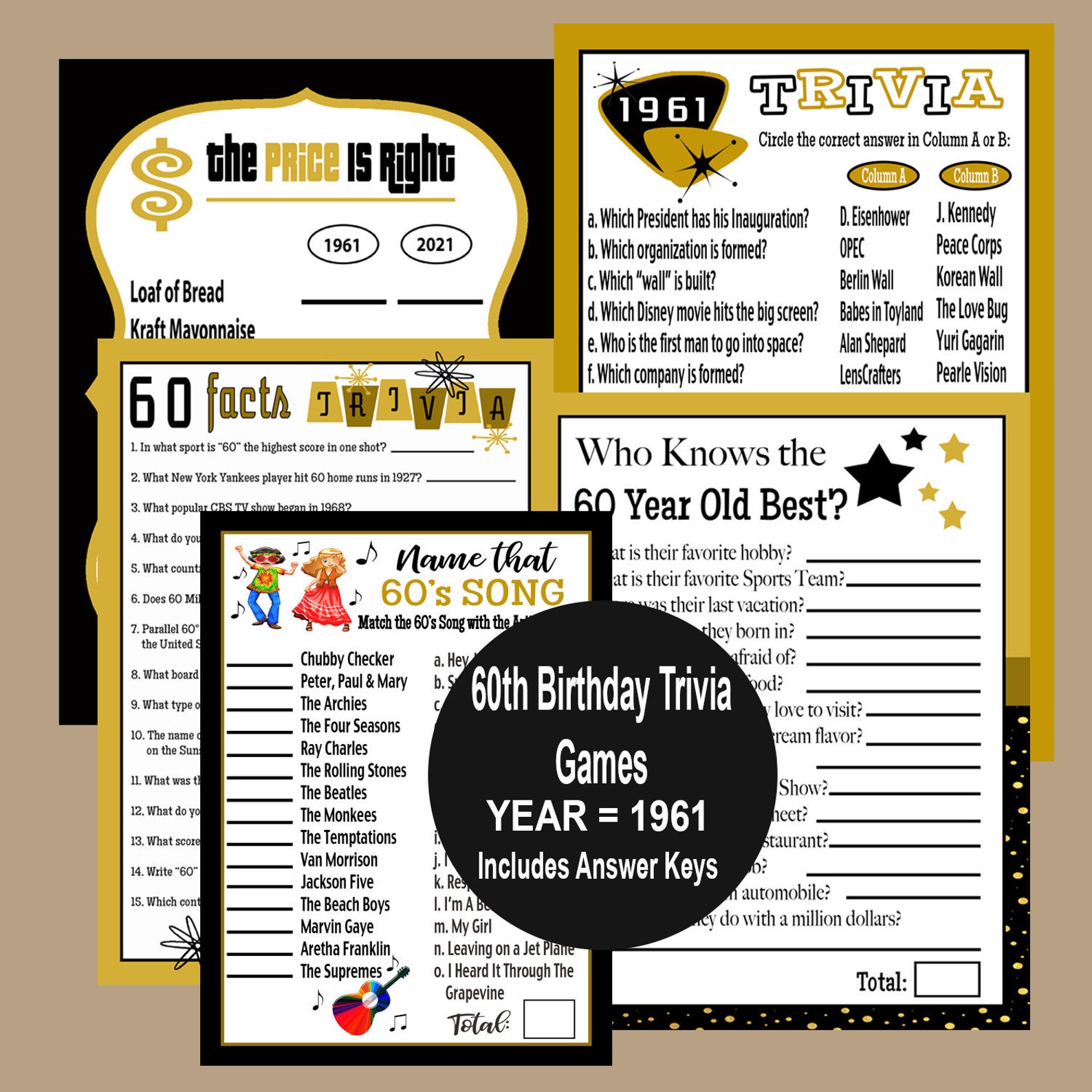 60th Birthday Game Bundle 60th Birthday Gold and Black Trivia | Etsy