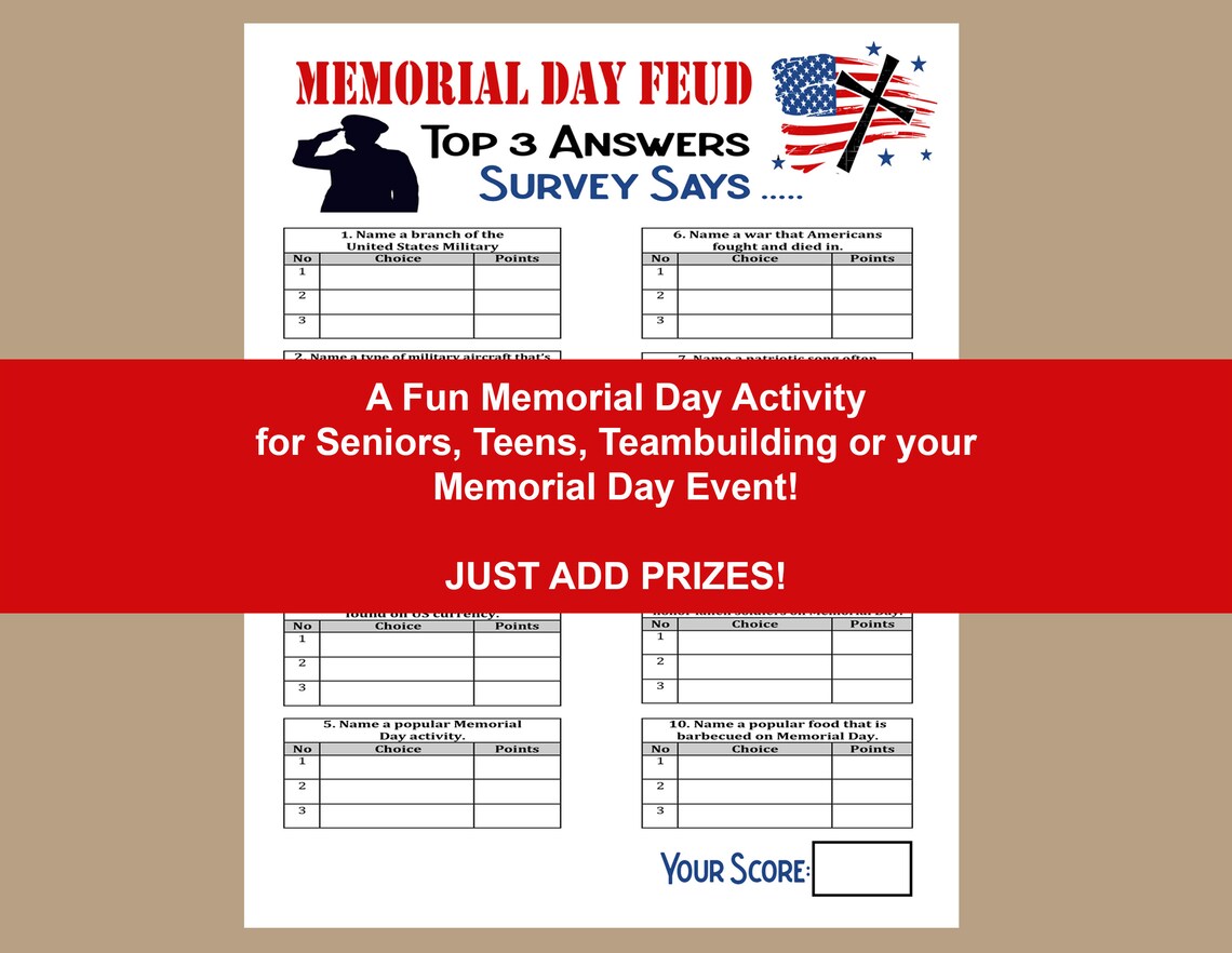 Memorial Day Feud Game, Memorial Day Trivia Game, Memorial Day Game for ...