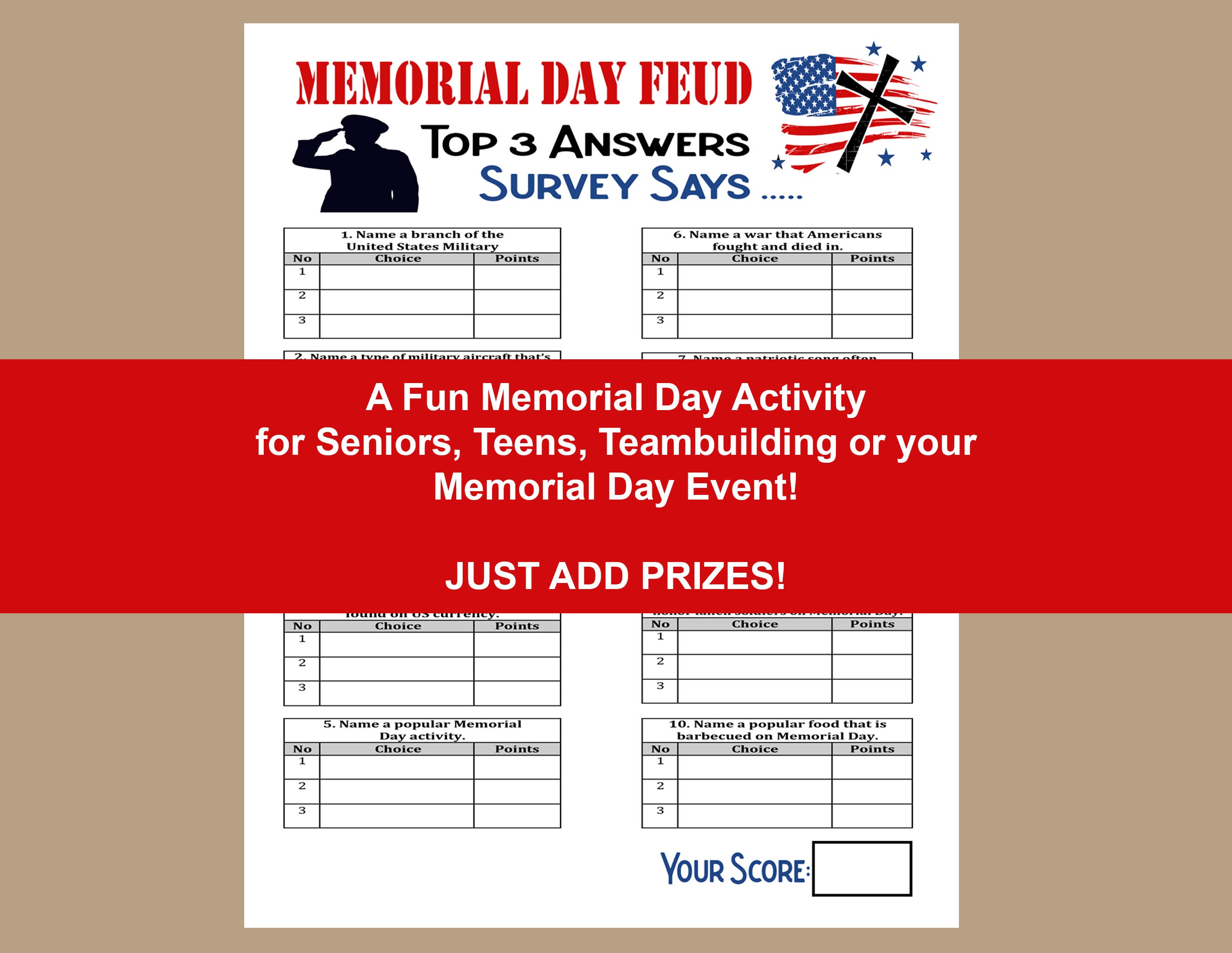 Memorial Day Feud Game, Memorial Day Trivia Game, Memorial Day Game for ...