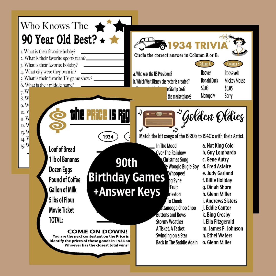 1934 Birthday Games, Adult Party Games, 90th Birthday Trivia Black and ...