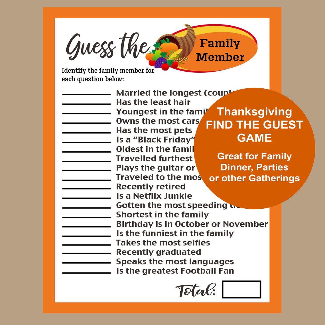 Find the Guest Thanksgiving Game Thanksgiving Party Family | Etsy