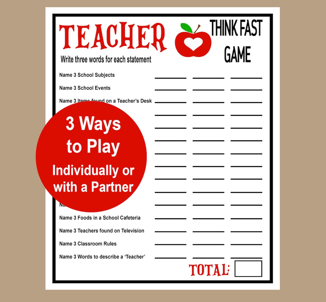 Teacher Appreciation Trivia Game, Think Fast Game, Teacher Printable ...