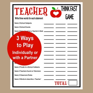 Teacher Appreciation Trivia Game, Think Fast Game, Teacher Printable ...