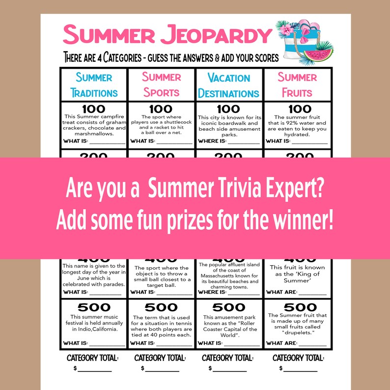 Summer Trivia Game, Summer Jeopardy, Summer Seniors Game, Summer School ...