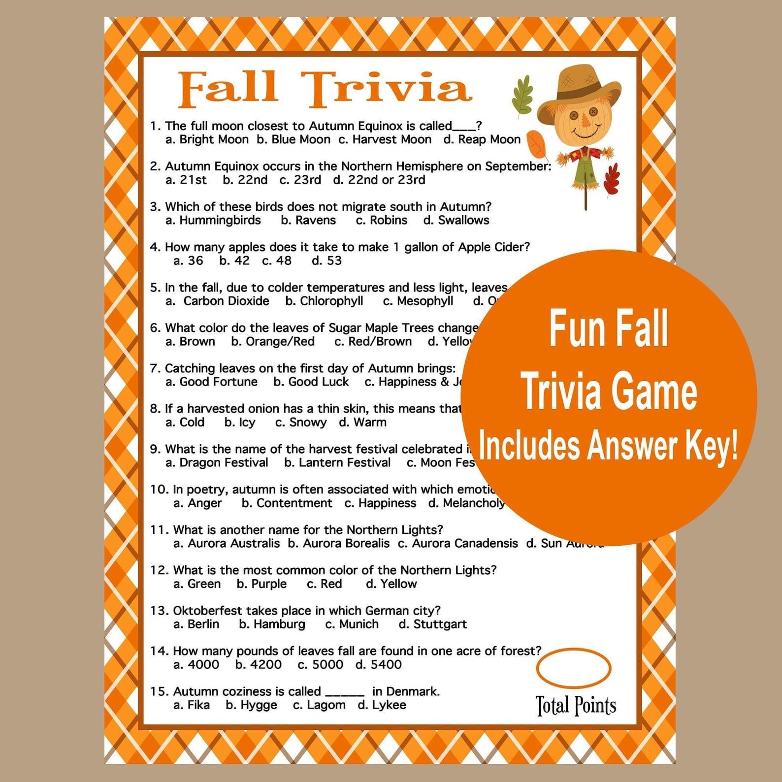 Fall Trivia Game, Printable Autumn Game, Fall Time Activities for ...