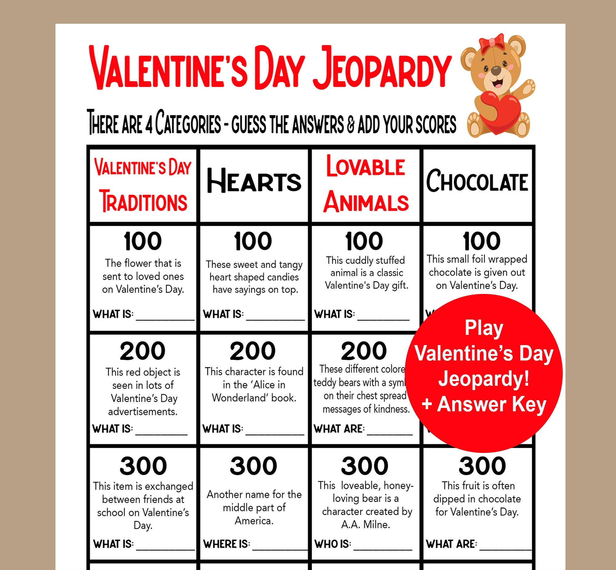 Valentine's Day Jeopardy Game for Kids, Tweens, Teens, Valentine's Day ...