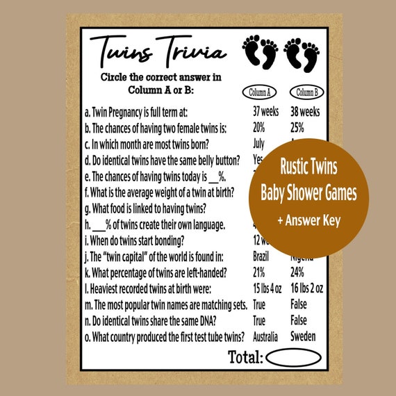 Rustic Twins Trivia Game Printable Twins Baby Shower Rustic - Etsy