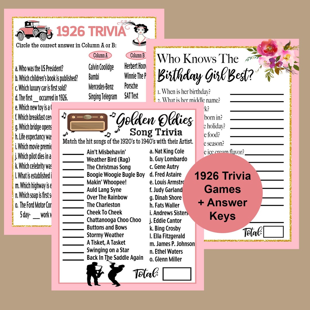 98th Birthday Party Games, 9th Party Games, 1926 Birthday Trivia Game ...
