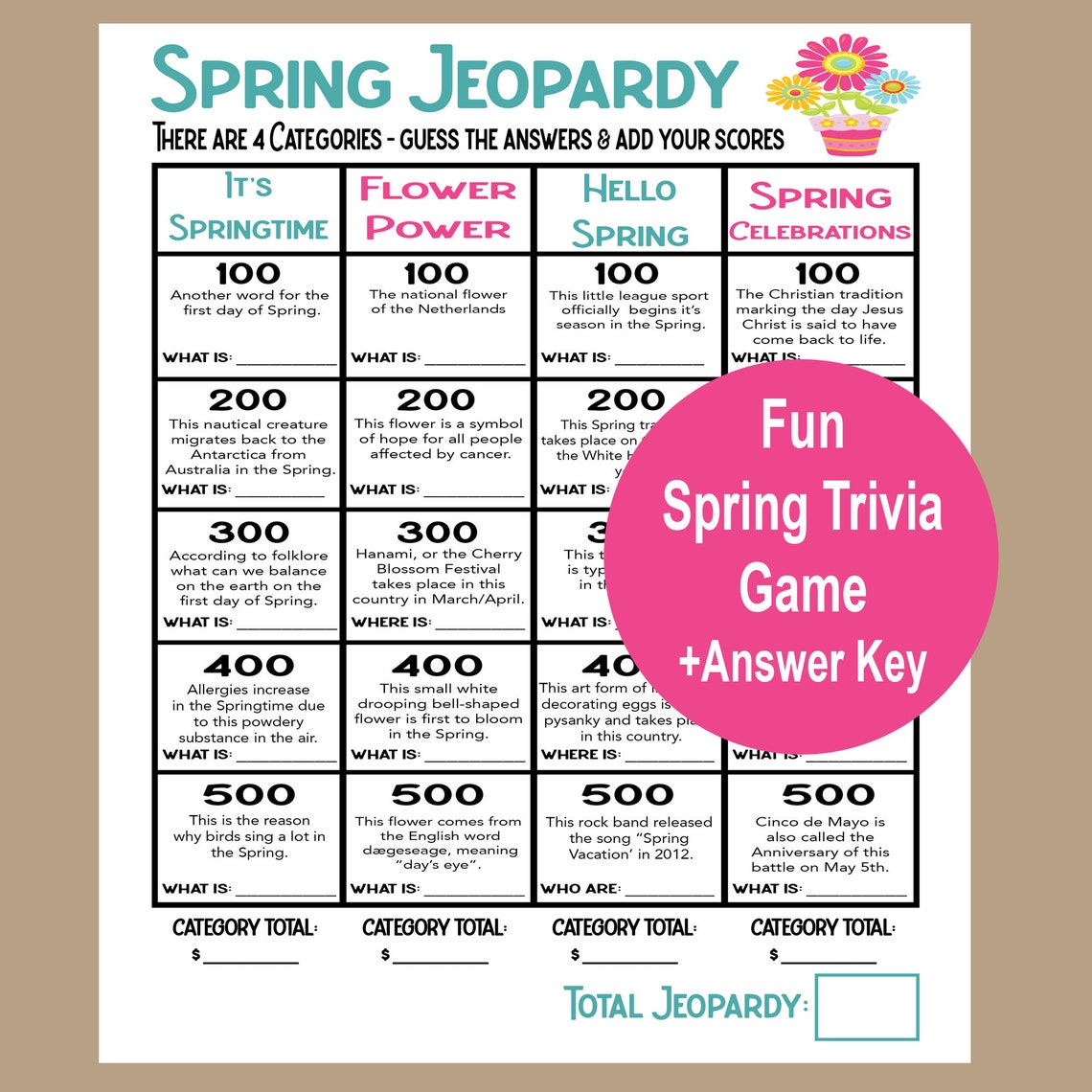 Spring Trivia Game, Spring Jeopardy, Spring Seniors Game, Spring School ...