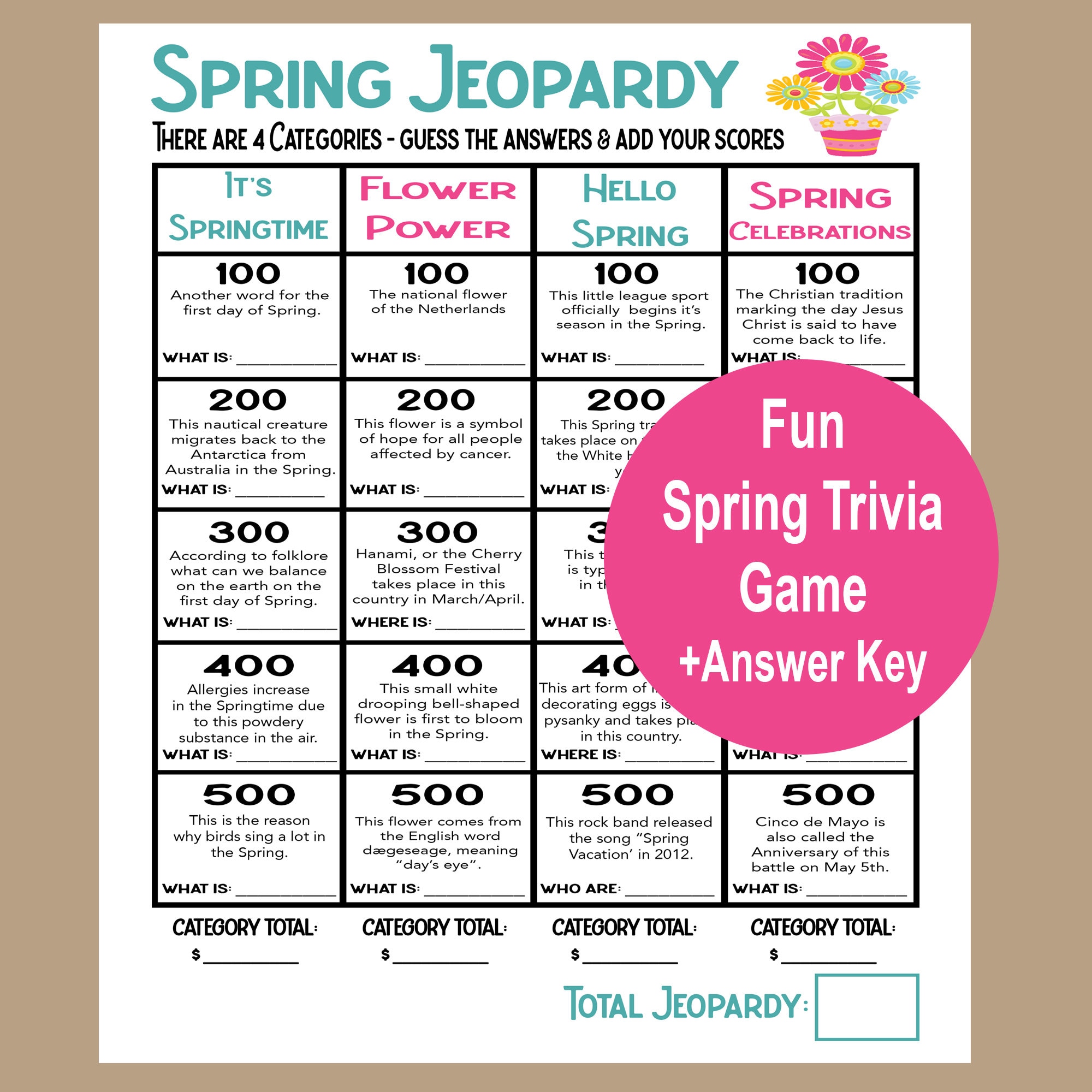 Spring Trivia Game, Spring Jeopardy, Spring Seniors Game, Spring School ...