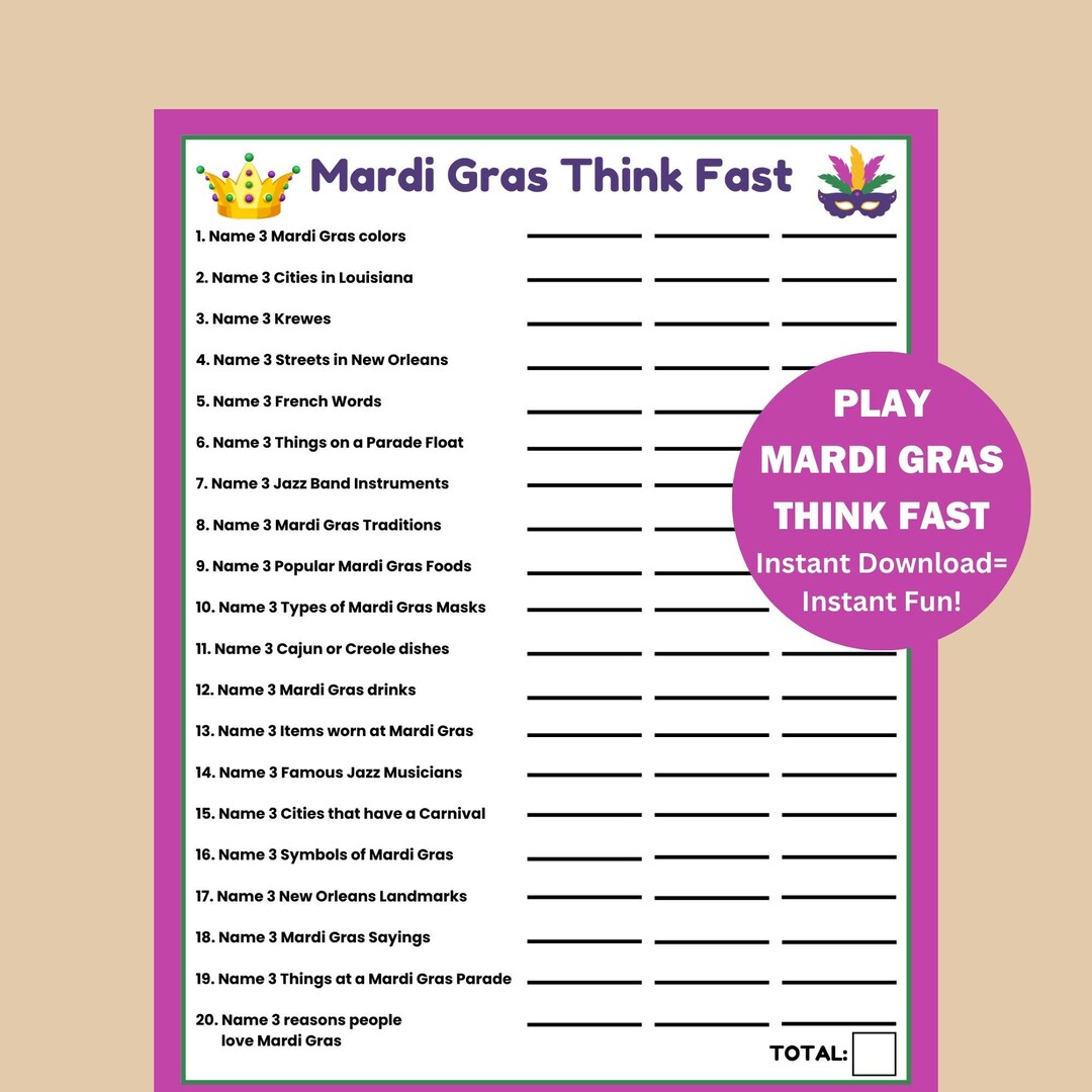 Mardi Gras Think Fast Game, Fun Mardi Gras Trivia Game, Mardi Gras ...