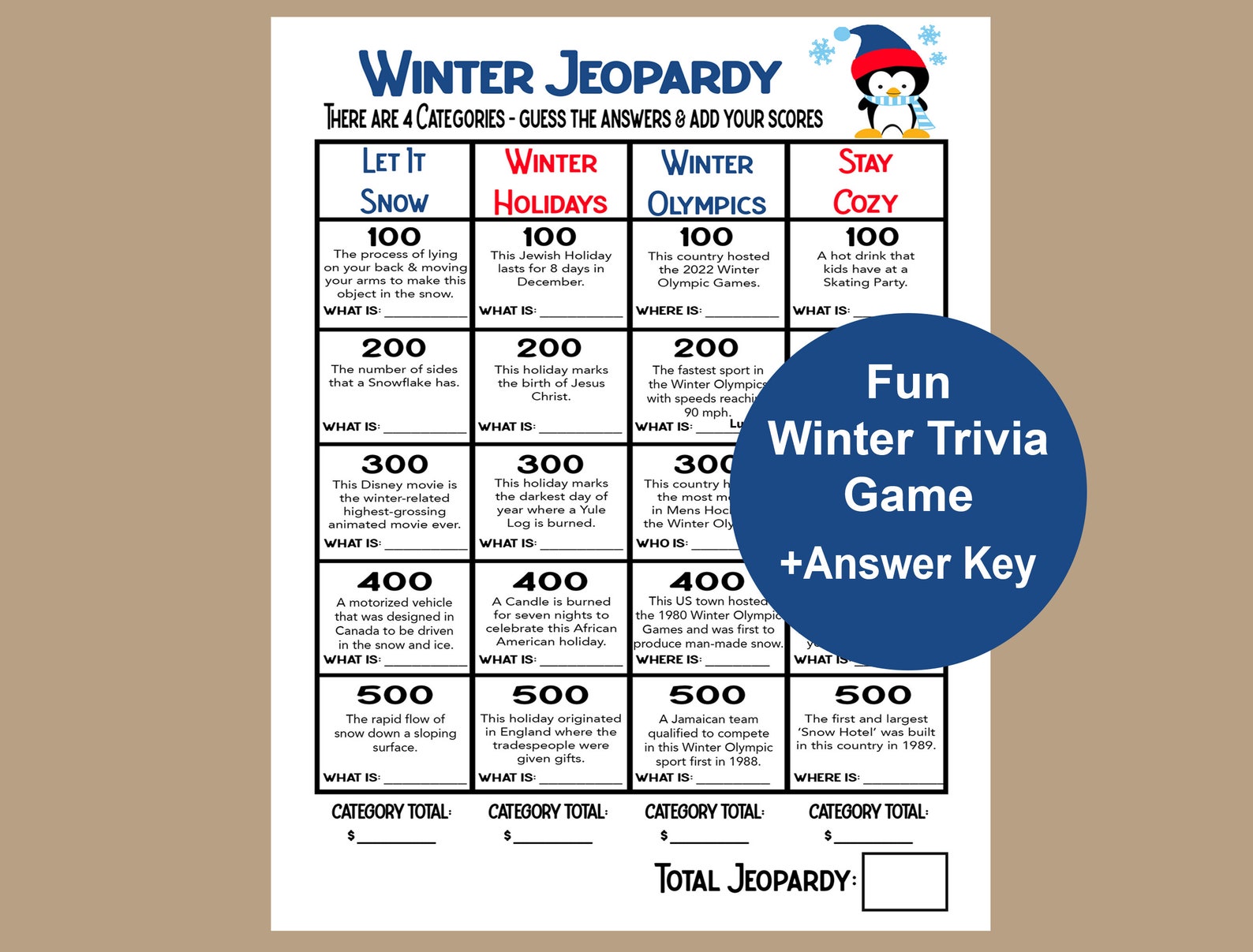 Winter Trivia Game, Winter Jeopardy, Winter Seniors Game, Winter School ...