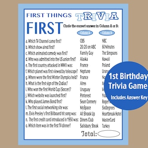1st Birthday Trivia Game, Boys First Party Game, 1st Birthday Blue and ...