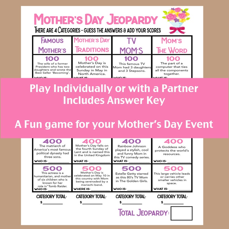 Mother's Day Jeopardy, Mother's Day Trivia, Mother's Day Tea, Mothers ...