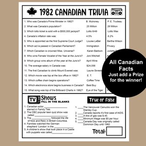 40th Birthday Game, 1982 Trivia, 1982 Canadian Trivia, 40th Birthday ...