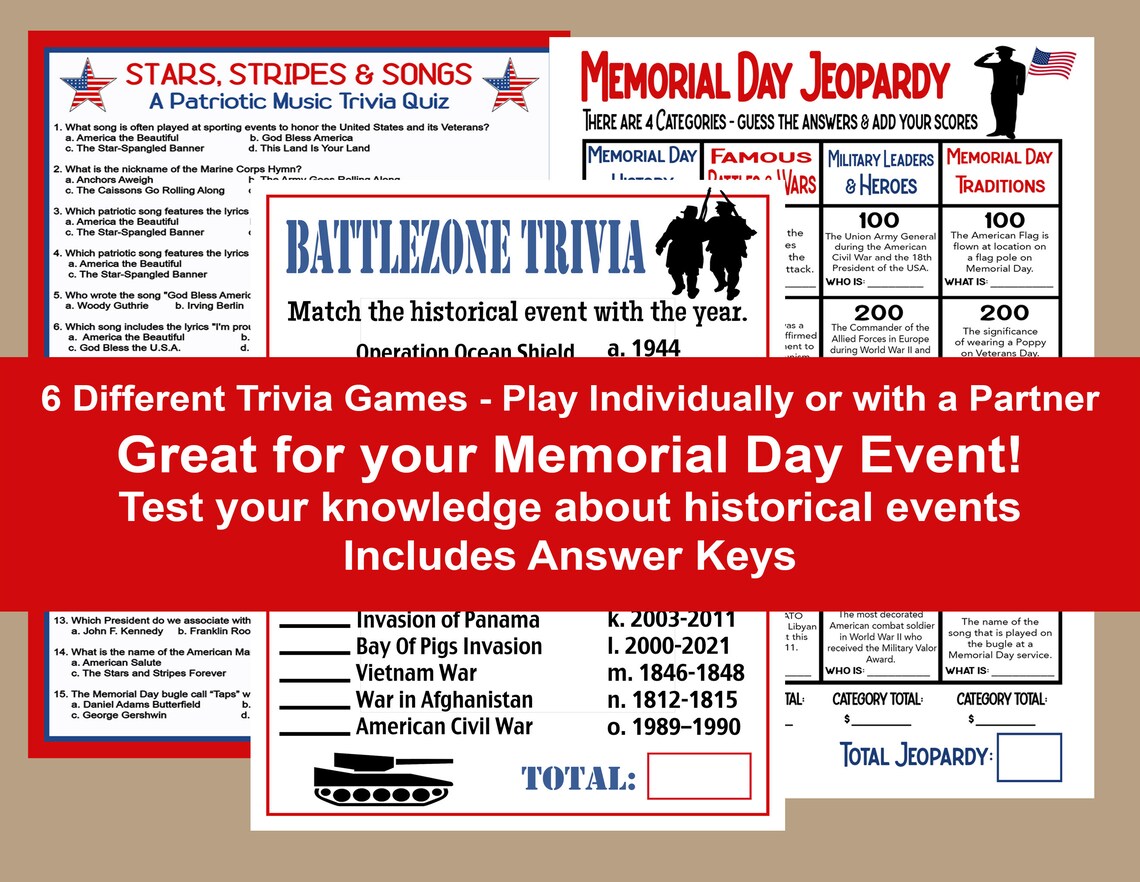 Memorial Day Games, Patriotic Trivia Games, American Trivia Games ...