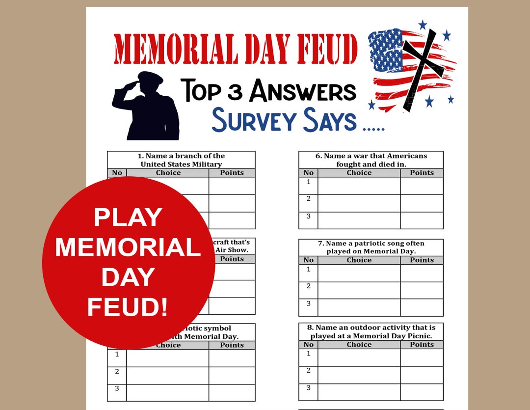 Memorial Day Feud Game, Memorial Day Trivia Game, Memorial Day Game for ...
