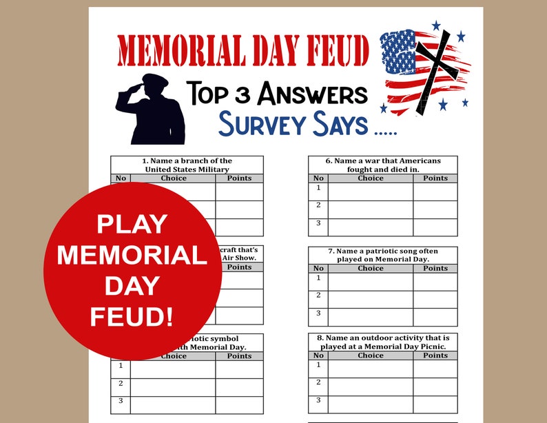 Memorial Day Feud Game, Memorial Day Trivia Game, Memorial Day Game for ...