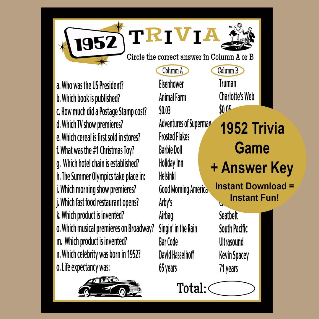 1952 Trivia Game, 1952 Quiz Game, 1952 Birthday Game - Etsy