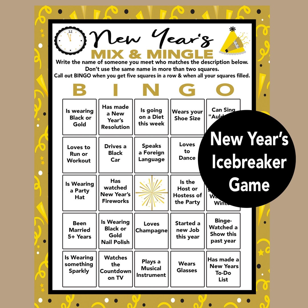 New Years Eve Party Icebreaker Bingo, Mix and Mingle Icebreaker, Large ...