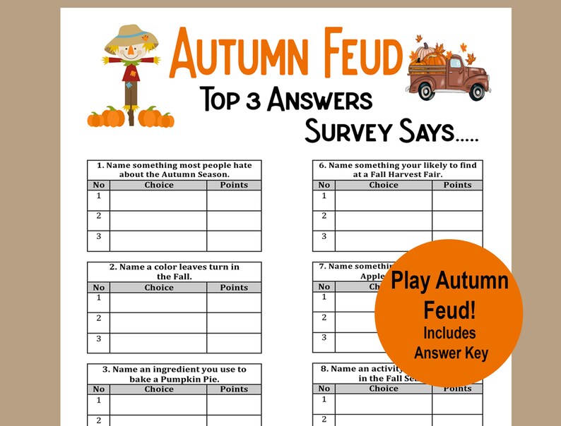Autumn Family Feud Trivia Game Fall Trivia Game Autumn - Etsy