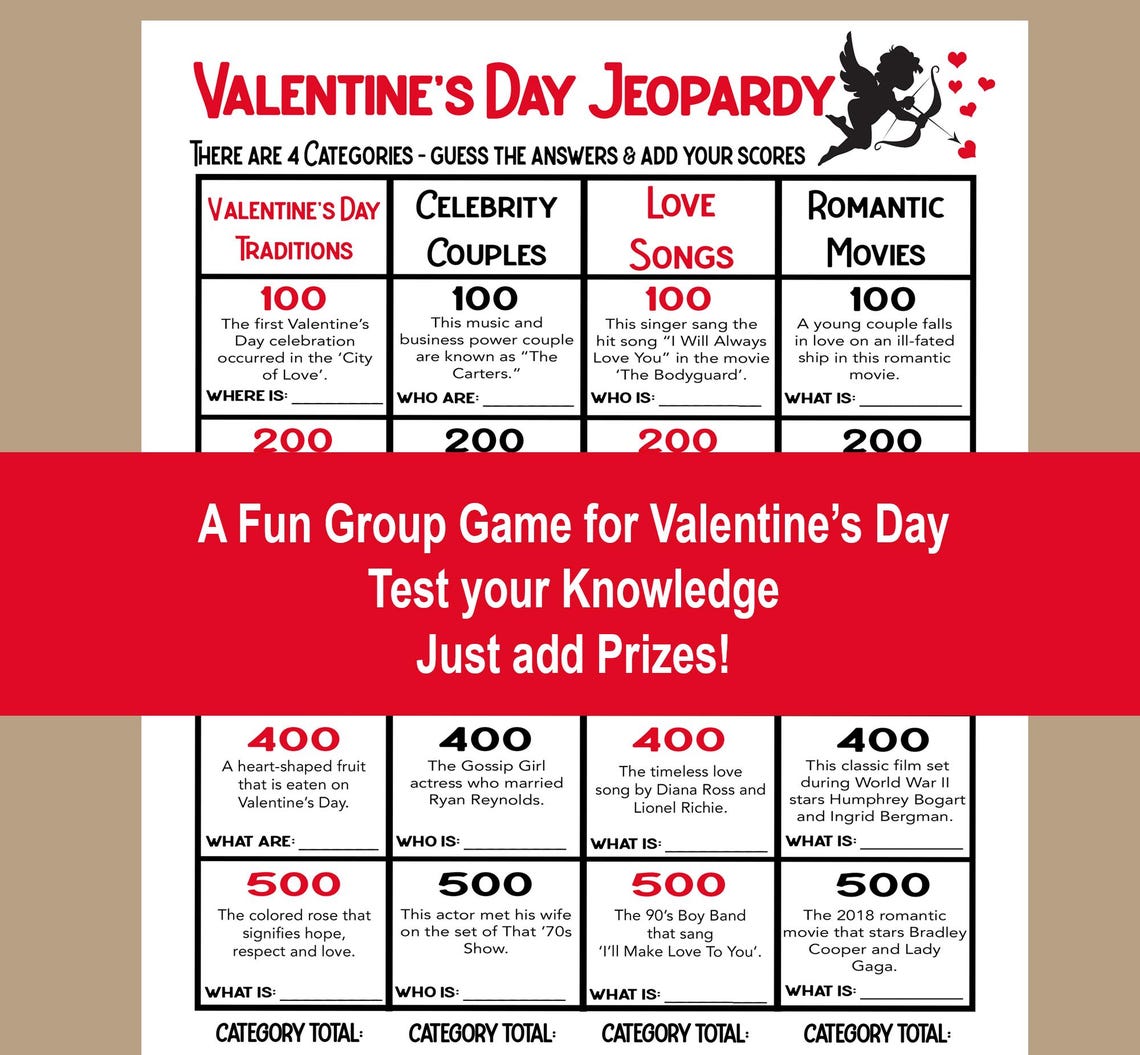 Valentine's Day Trivia Game, Valentines Day Jeopardy Game, Fun Group ...